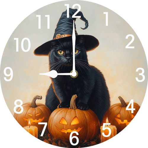Soliyoahee Halloween Black Cat Wall Clock 10inch Wooden Round Clock ...