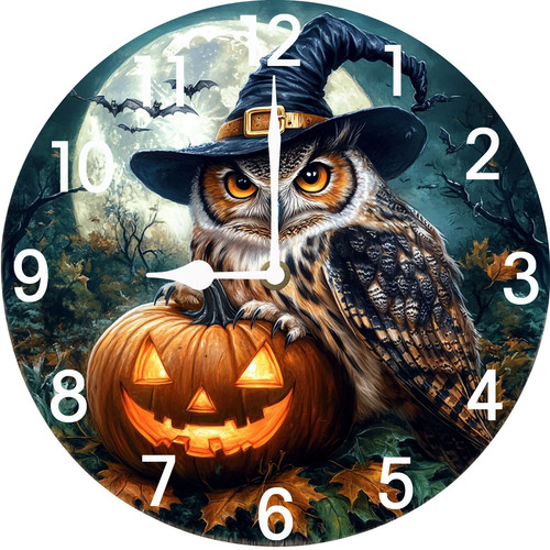 Soliyoahee Halloween Owl Wall Clock 10inch Wooden Round Clock Halloween ...