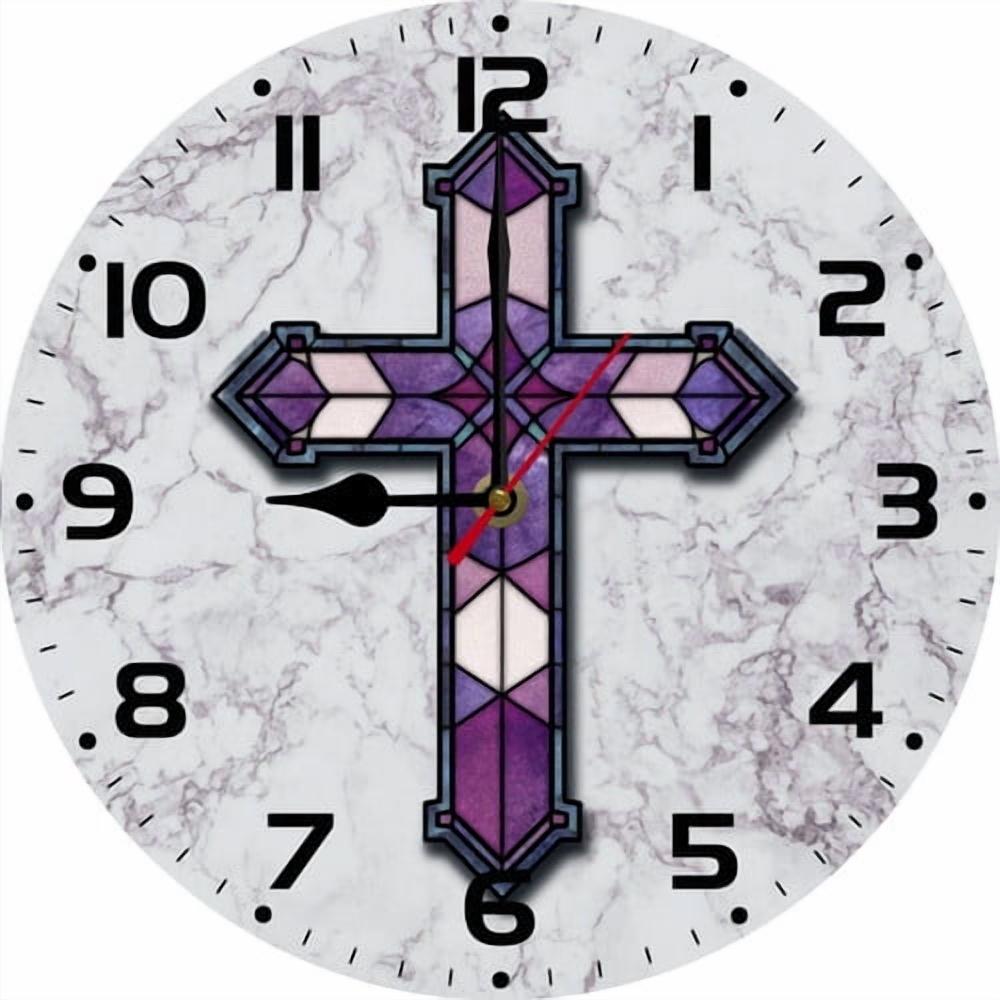 Soliyoahee Marble Cross Wall Clock 10inch Wooden Round Religious Clock ...