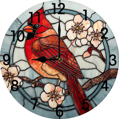 Soliyoahee Red Cardinal Bird Wall Clock 10inch Wooden Round Bathroom ...