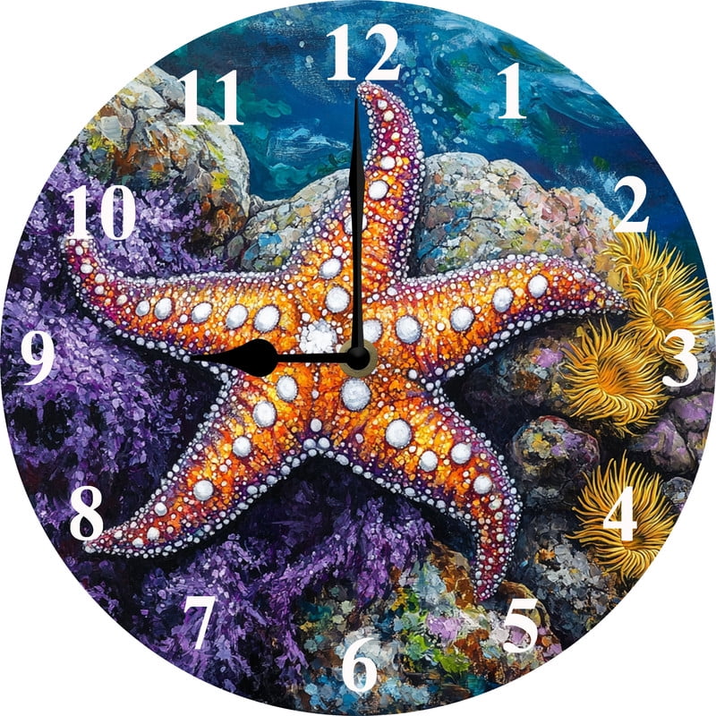 Soliyoahee Starfish Clock 10inch Wooden Round Living Room Wall Clock ...