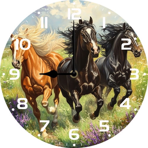 Soliyoahee Three Horses Running Prairie Wooden Round Wall Clock 10inch ...