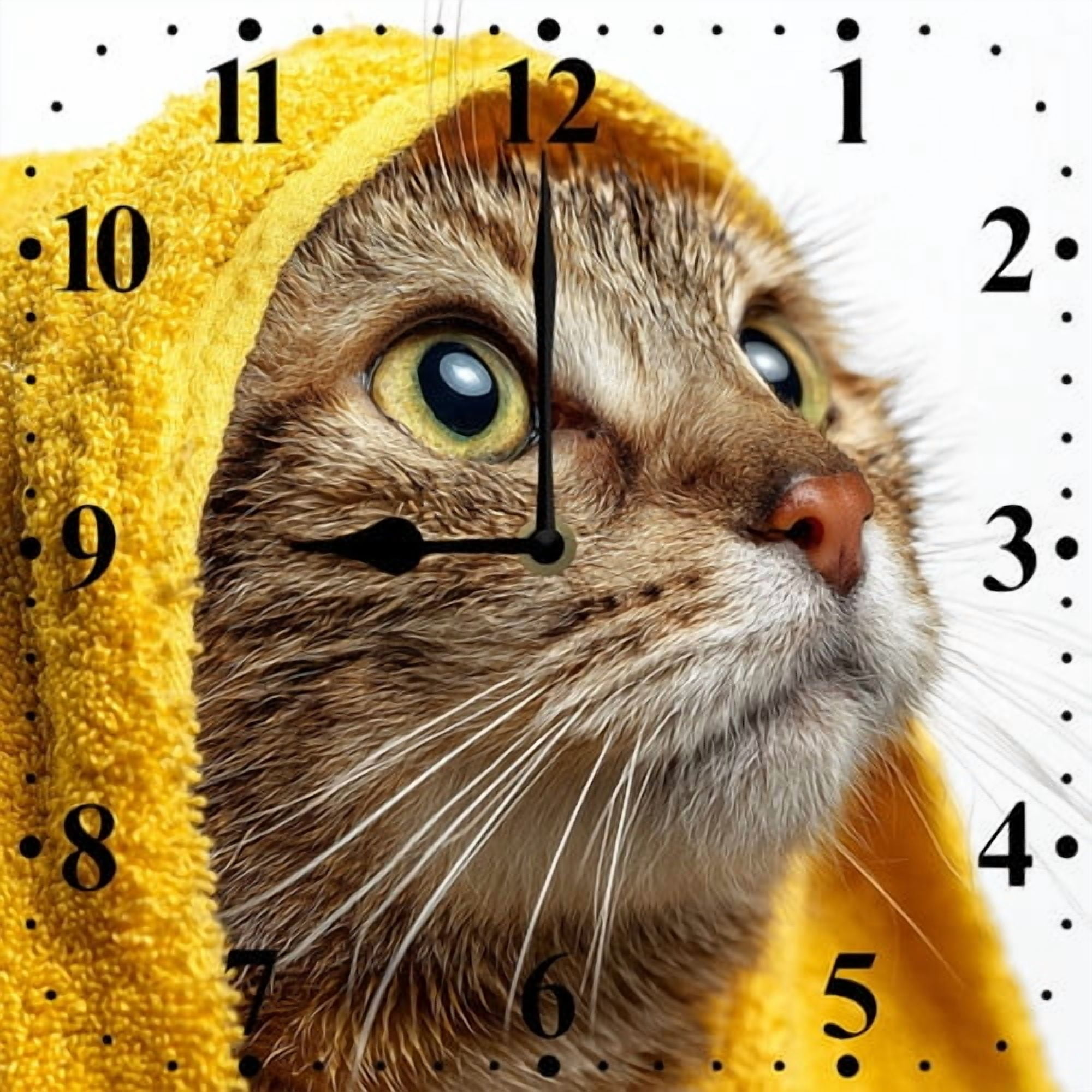 Soliyoahee Wall Clock Cat Bath Towel Pattern 10inch Wooden Square Clock ...