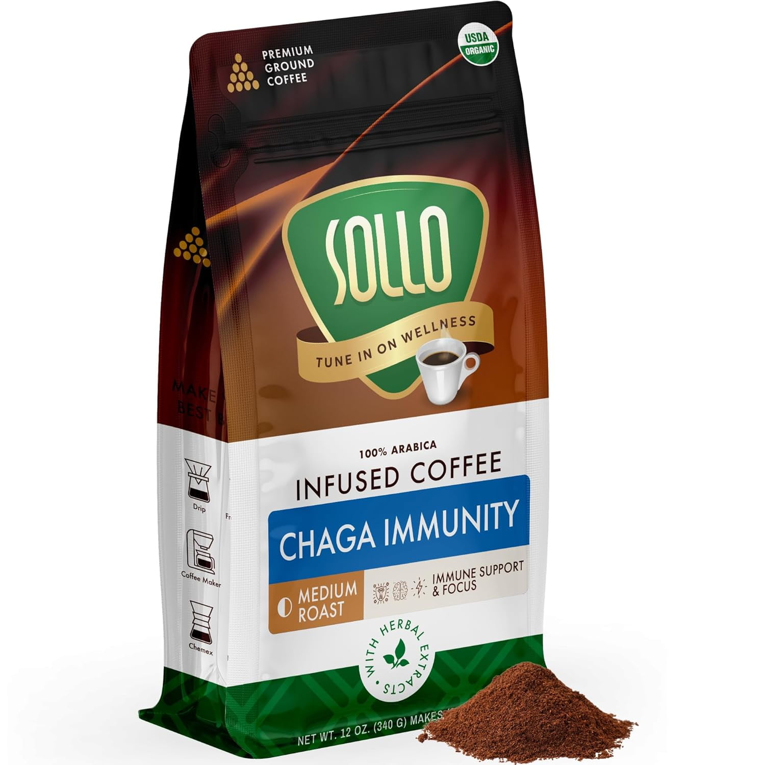 Sollo Chaga Mushroom Ground Coffee, Medium Roast, 340g - Walmart.com