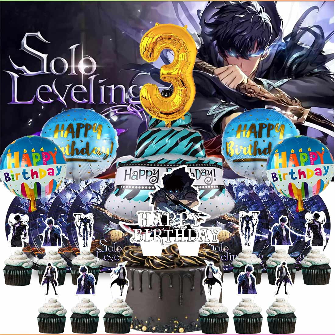 Solo Leveling 3rd Tableware Balloons Cake Toppers Backdrop Banner ...