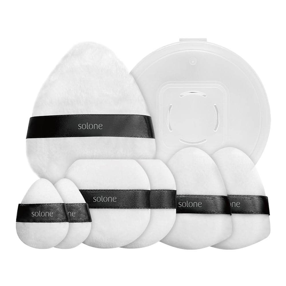 Solone 7 Pack Velour Powder Puffs (Assorted Sizes) with Travel Case - Reusable for Loose/Setting ...