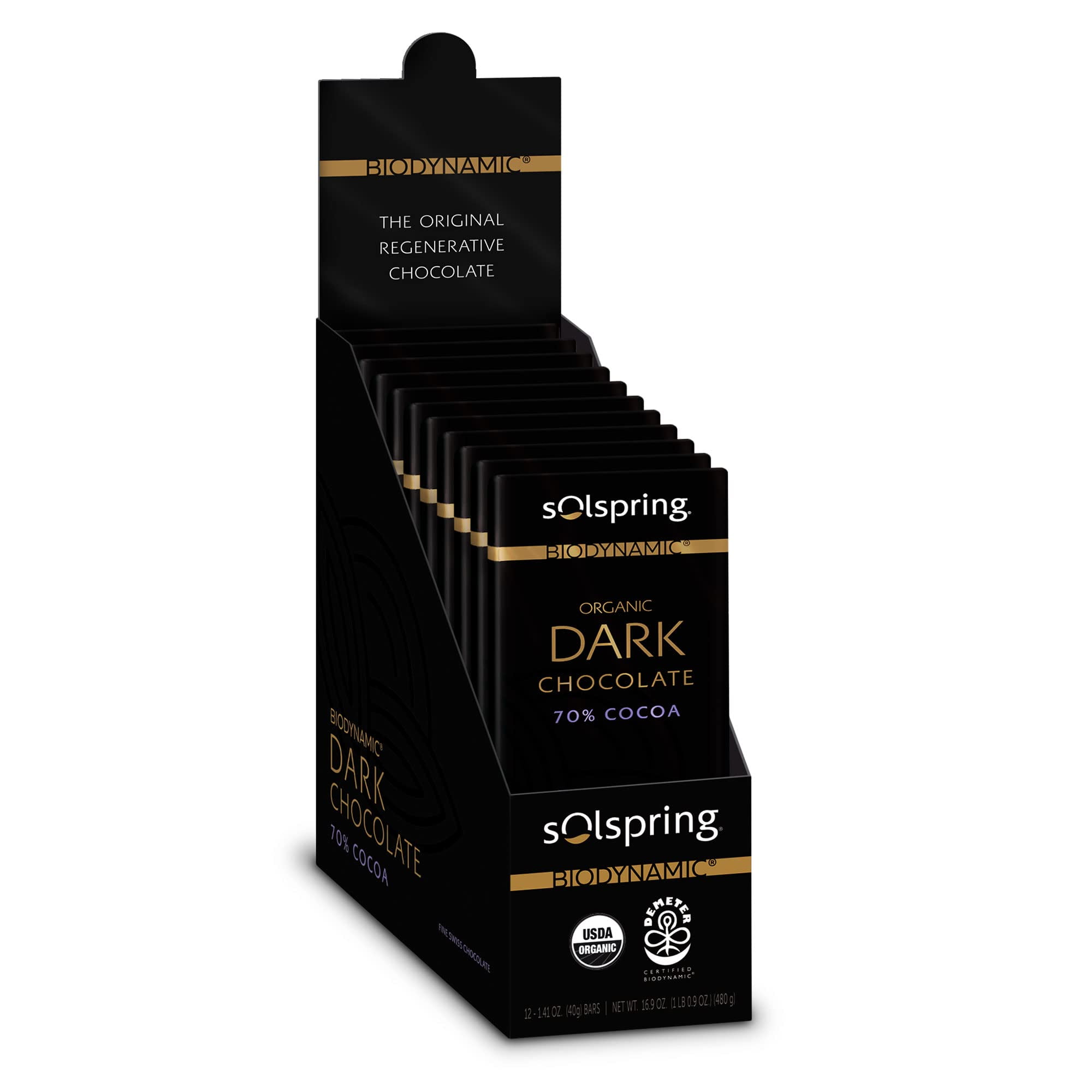 Solspring Biodynamic Organic Dark Chocolate Bars (12-1.41. oz Bars), 70 ...