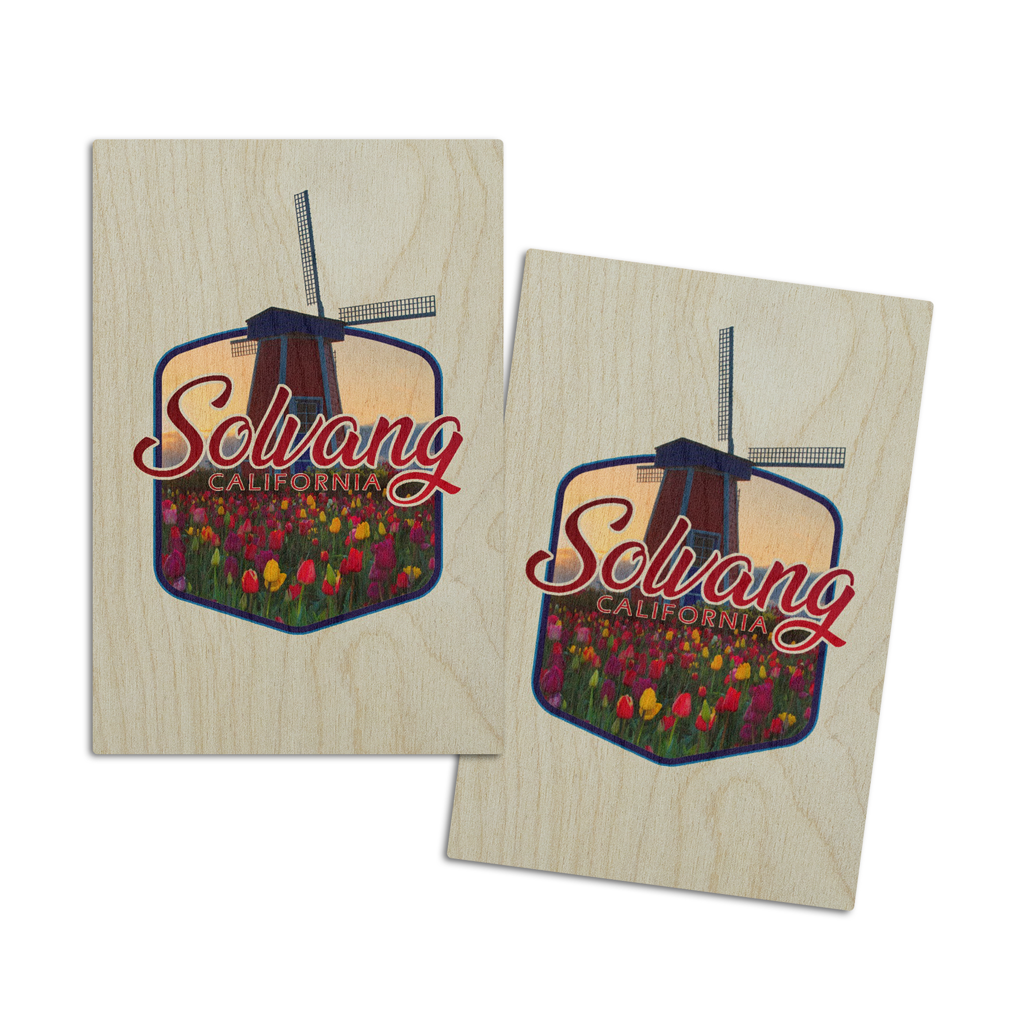 Solvang, California, Tulip Field and Windmill, Contour (4x6 Birch Wood ...