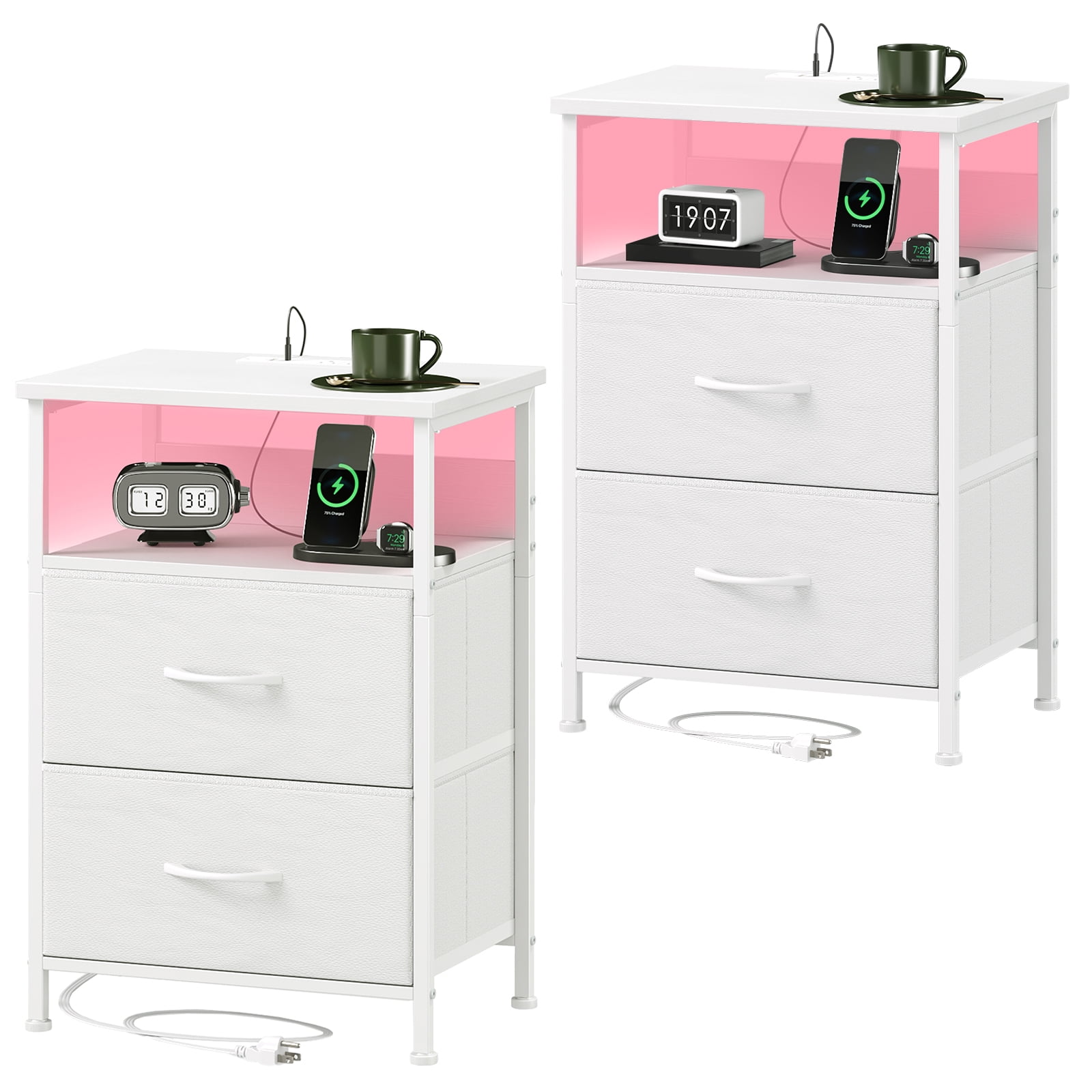 Eunos 2 Drawer White Nightstand set of 2 with Charging Station and LED ...