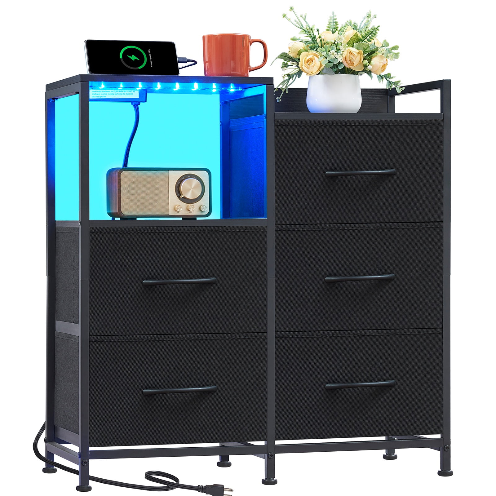 Eunos 5 Wide Black Drawers Dresser with Charging Station and Open Shelf ...