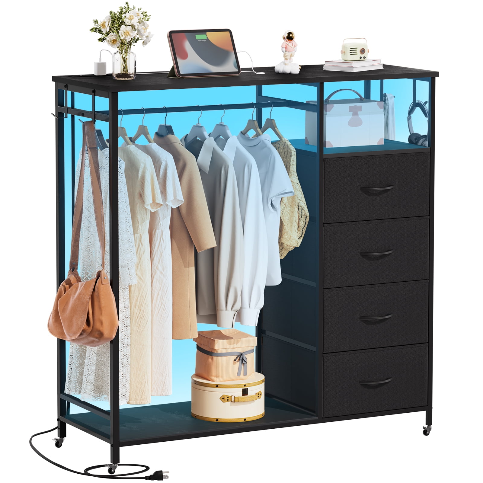 Eunos Black Dresser for Bedroom with Hanging Rack LED Lights, Charging ...