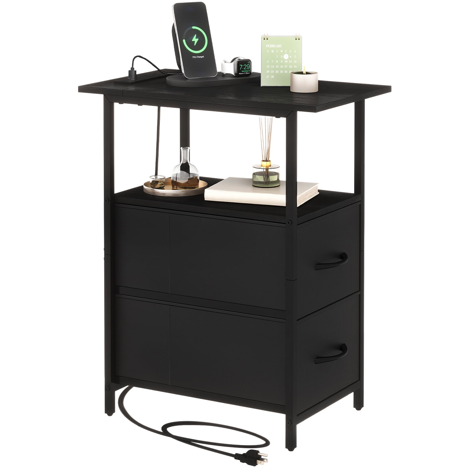 Eunos Black Long End Table with Charging Station, Nightstand with Open ...