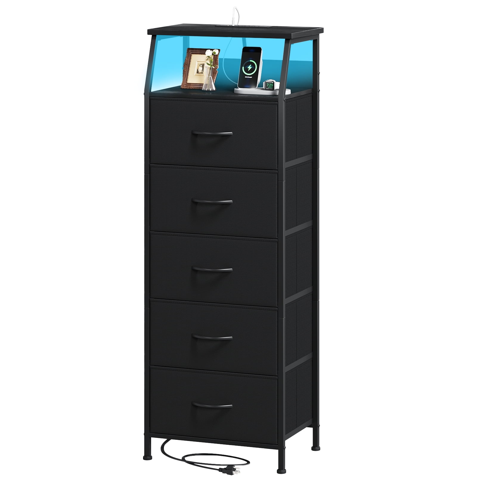 Eunos Black Tall Nightstand with Charging Station and LED for Bedroom ...