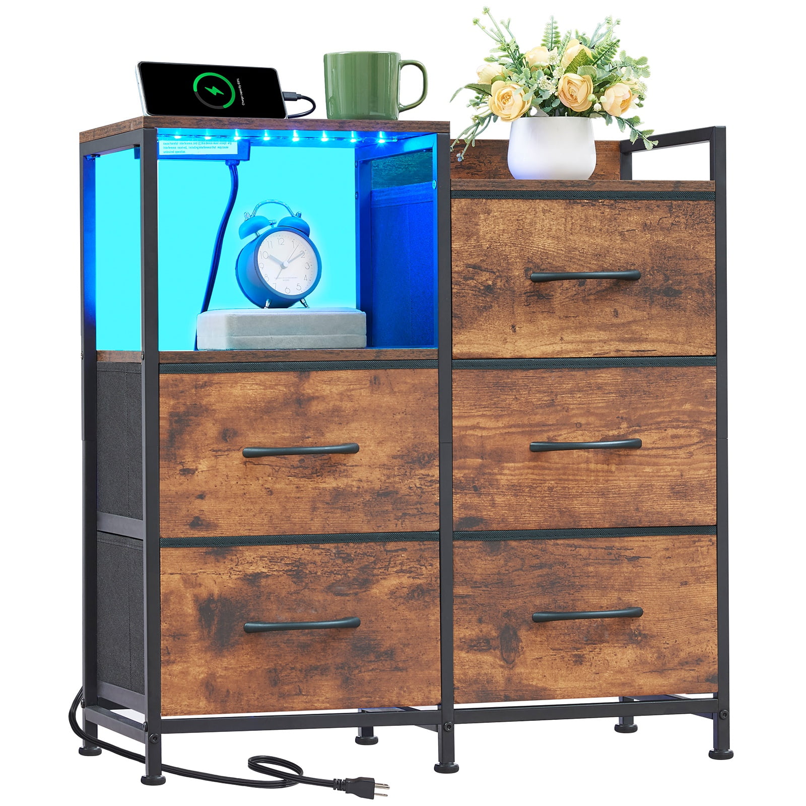 Eunos 5 Wide Drawers Dresser with Charging Station and Open Shelf for ...