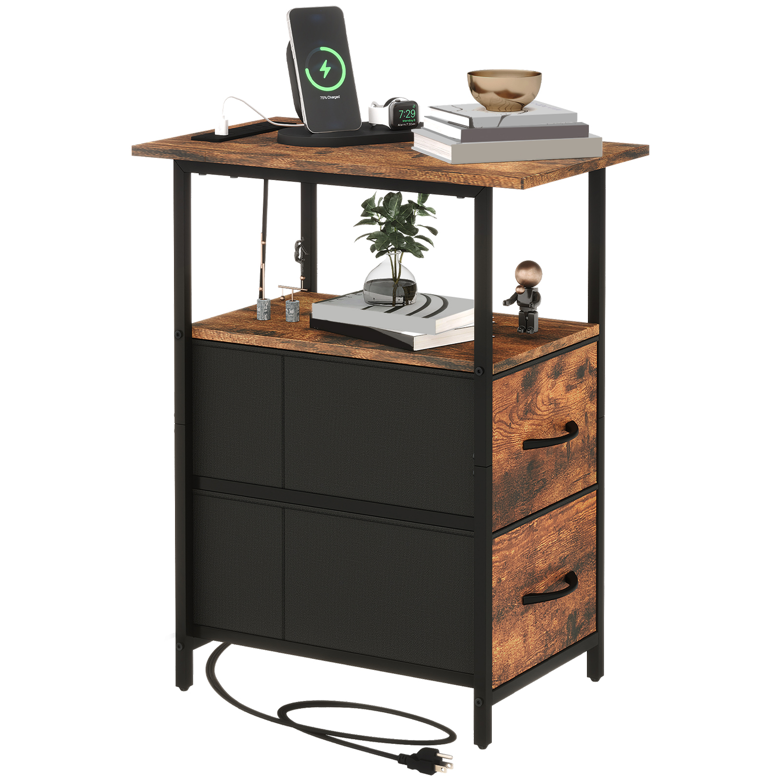 Eunos Long End Table with Charging Station, Nightstand with Open Shelf ...