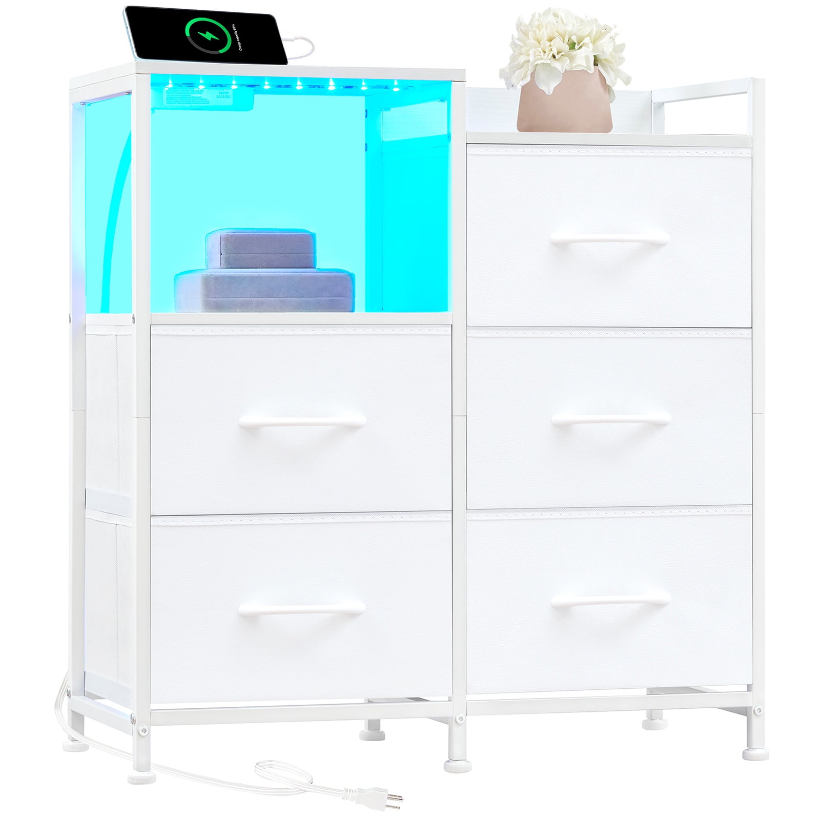 Eunos 5 Wide White Drawers Dresser with Charging Station and Open Shelf ...