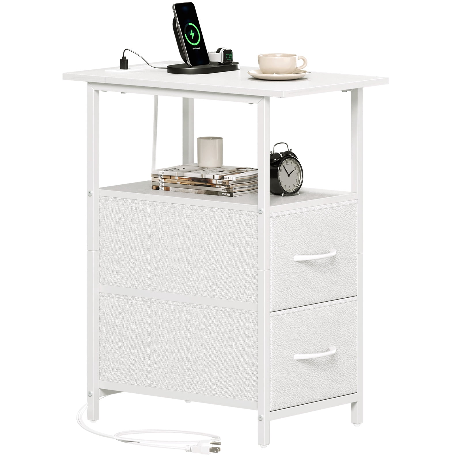Eunos White Long End Table with Charging Station, Nightstand with Open ...