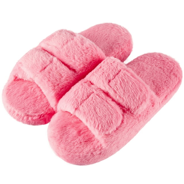 Somdot Women's Fuzzy Slippers Plush Velcro Open Toe Slides Cozy Thick ...