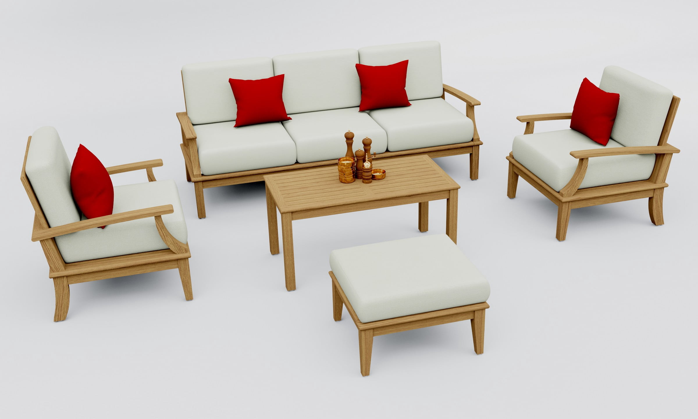 Somer Teak Wood 5 Pc Sofa Set: Sofa, 2 Lounge Chairs, Ottoman ...