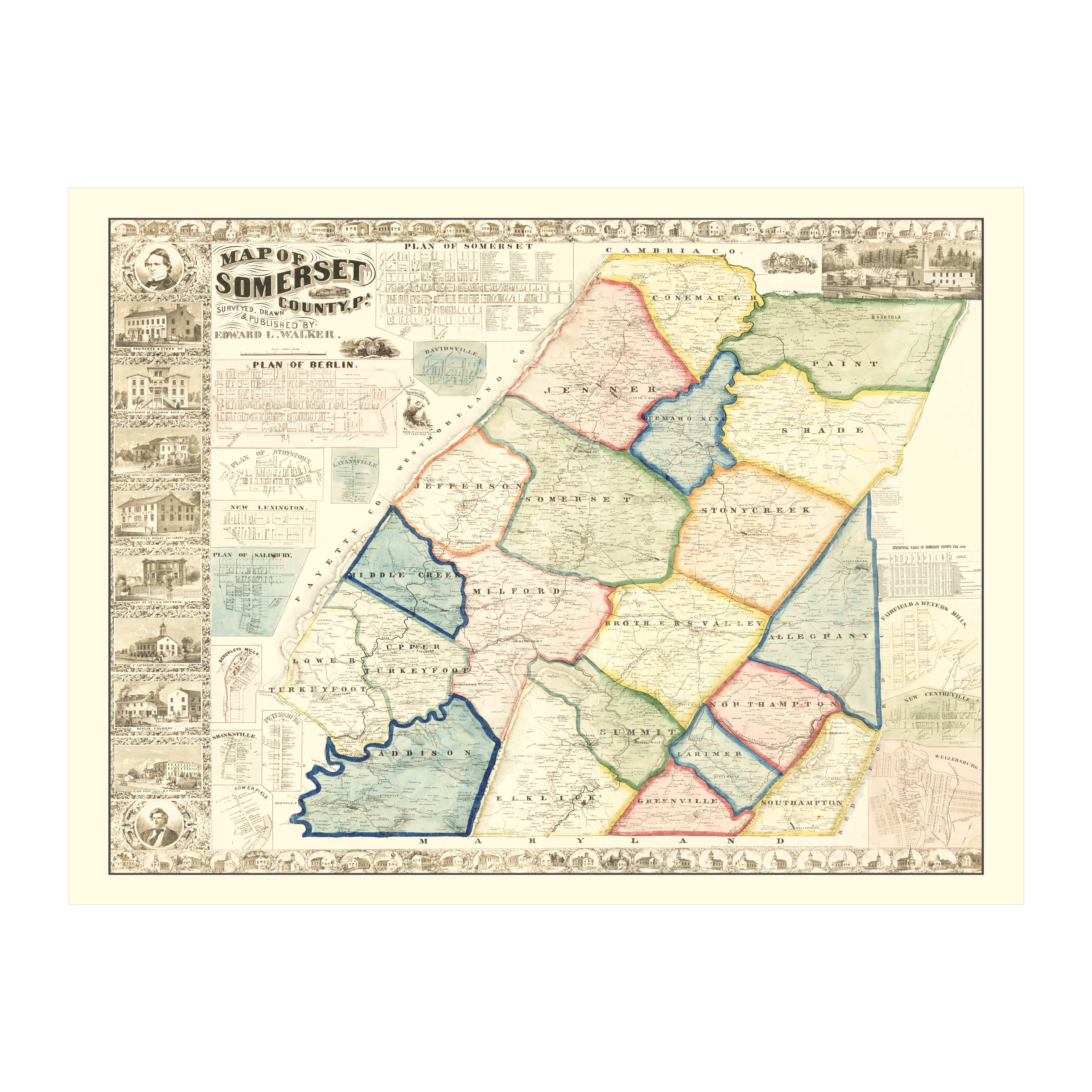 Somerset County Pennsylvania Art, 1860 Vintage Map of Somerset County ...