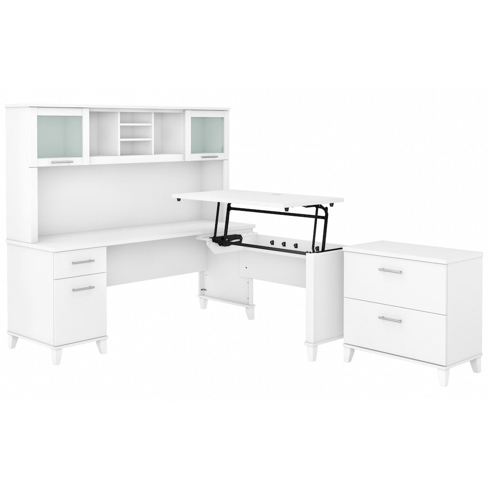 Somerset Sit-Stand L Desk with Hutch and File Cabinet in White ...