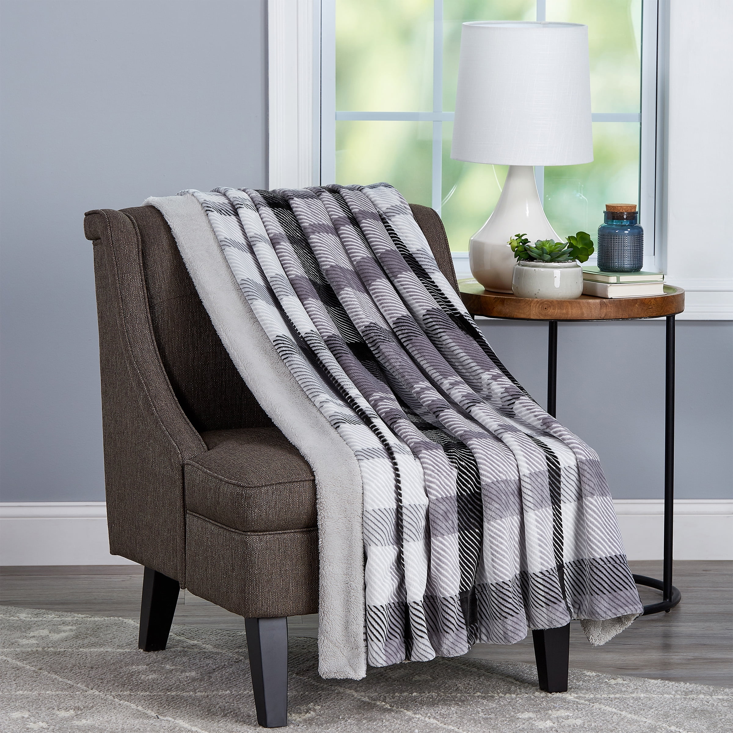 Somerset Home Poly Fleece Sherpa Blanket Gray/White Plaid Cozy ...