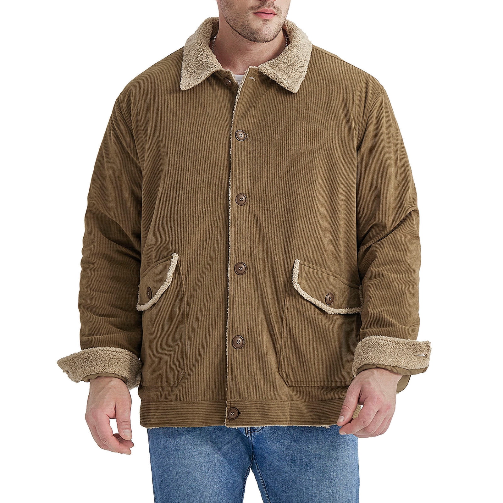 Somuwie Clearance Men Casual Solid Corduroy Plus Fleece Thickening ...
