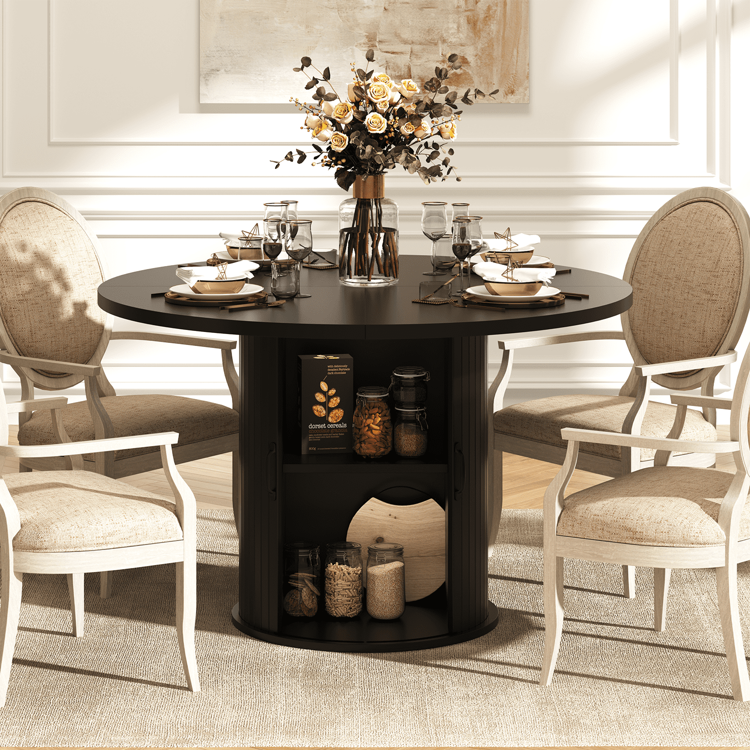 Sonegra 47-inch Round Dining Table with Storage, Modern Fluted Circle ...