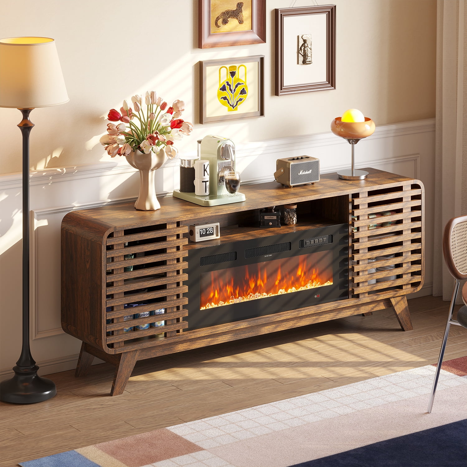 Sonegra Fireplace TV Stand with 36" Electric Fireplace, Mid Century ...