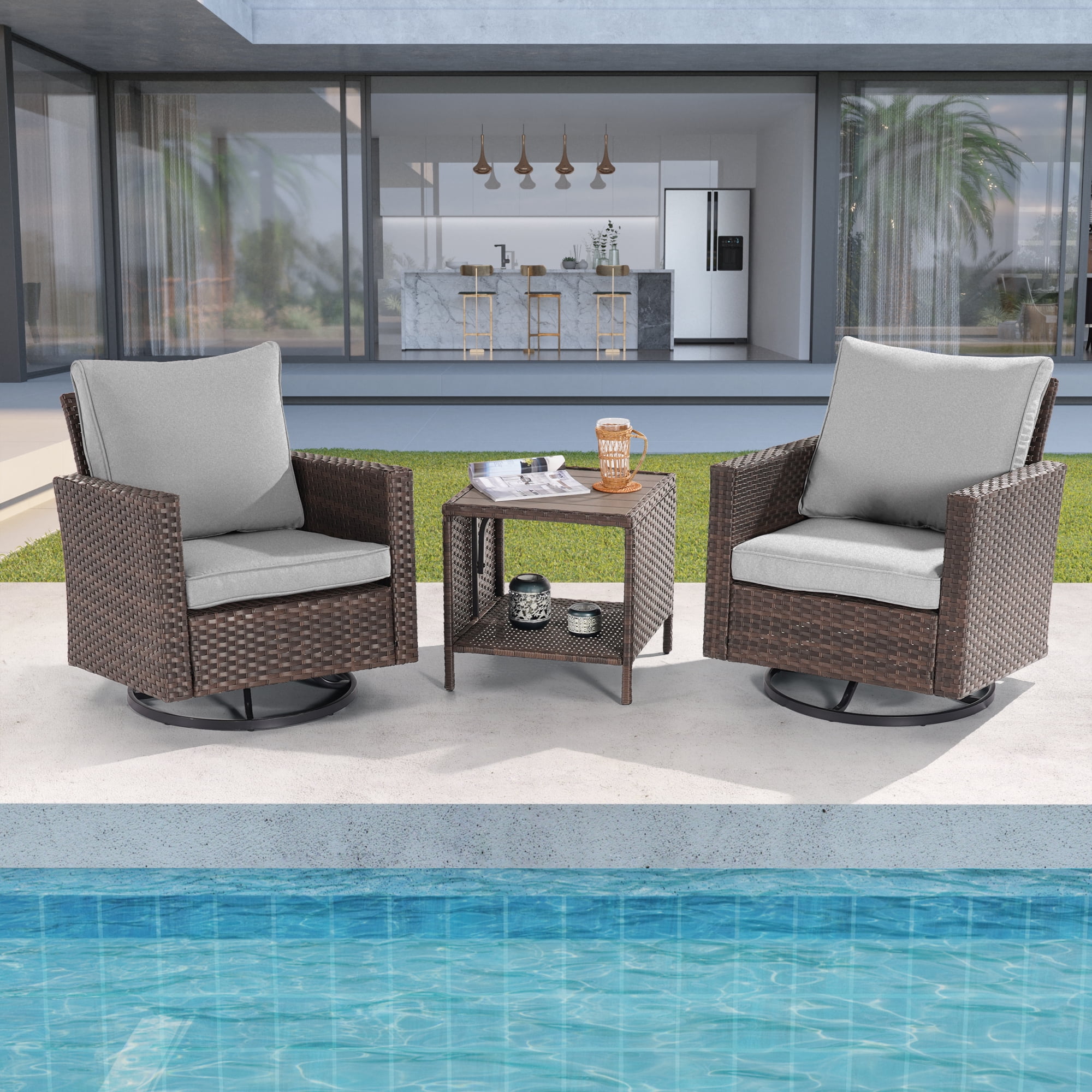 Sonerlic 3-Piece Patio Sofa Set Rattan Swivel Rocking Chair Set Side ...