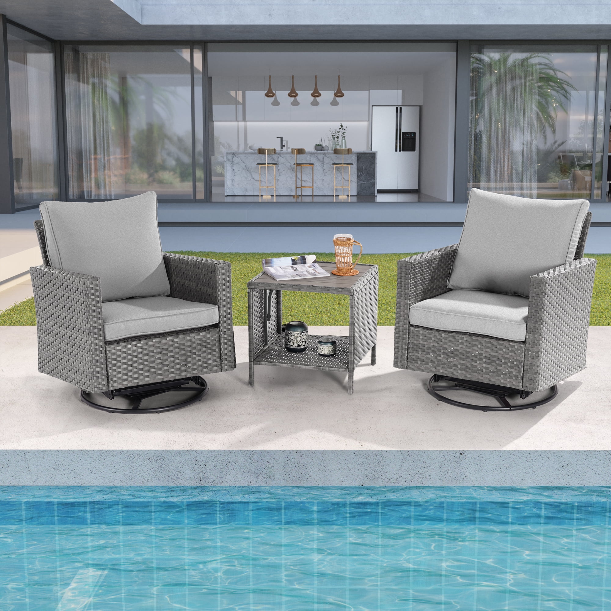 Sonerlic 3-Piece Patio Sofa Set Rattan Swivel Rocking Chair Set Side ...