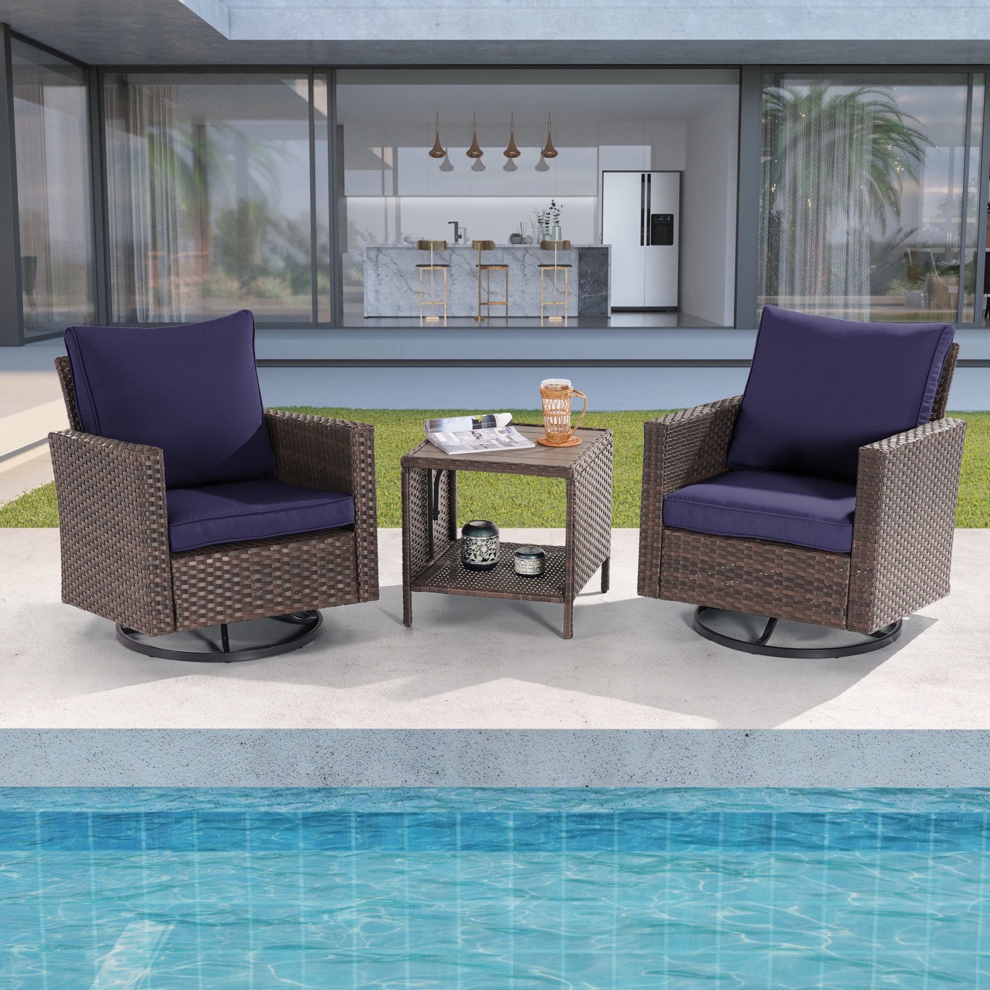 Sonerlic 3-Piece Patio Sofa Set Rattan Swivel Rocking Chair Set Side ...