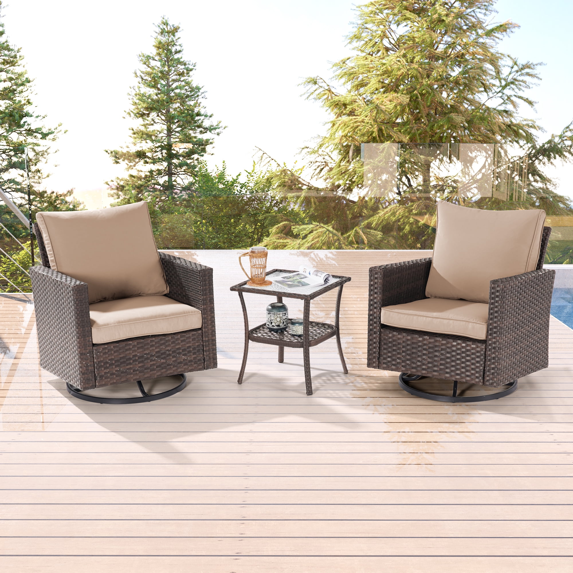 Sonerlic 3-Piece Patio Sofa Set Rattan Swivel Rocking Chair Set Side ...