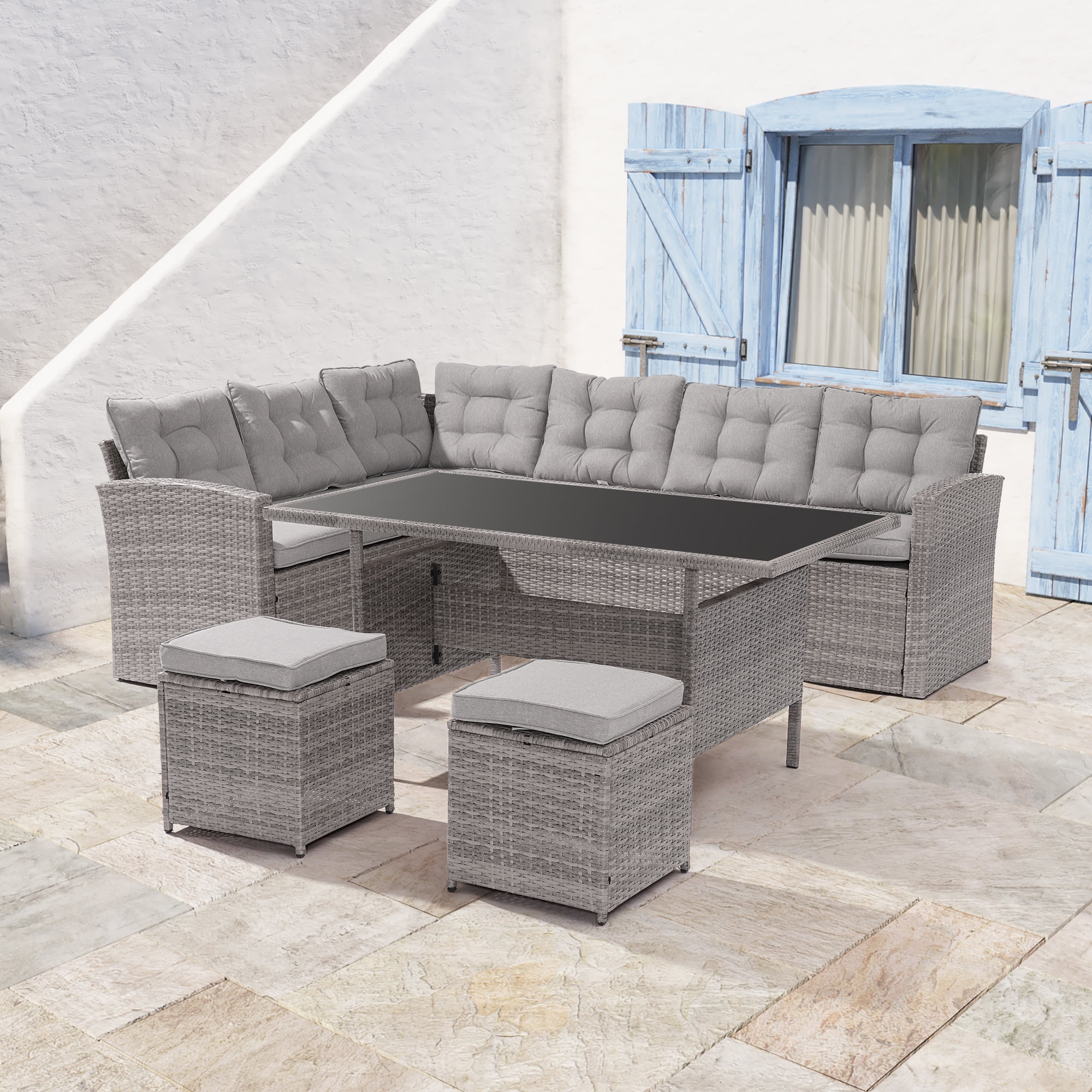 Sonerlic 5-Piece Patio Dining Sofa Set Widened Back and Arm PE Rattan ...