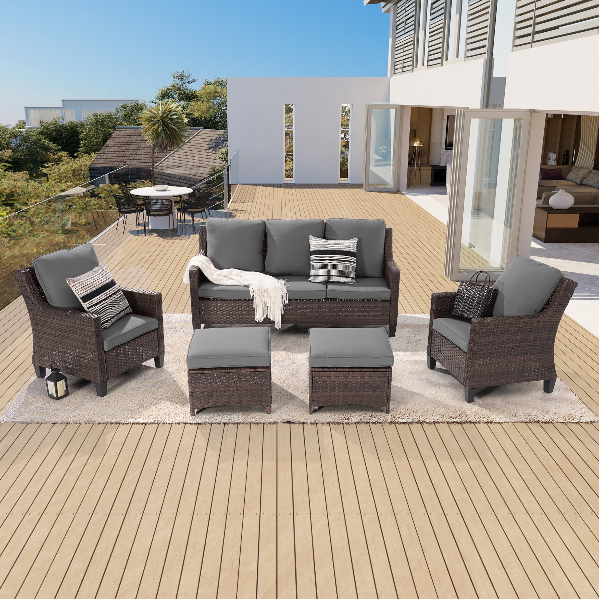 Sonerlic 5-Piece Patio Sofa Set Rattan Outdoor Furniture Set Three-Seat ...