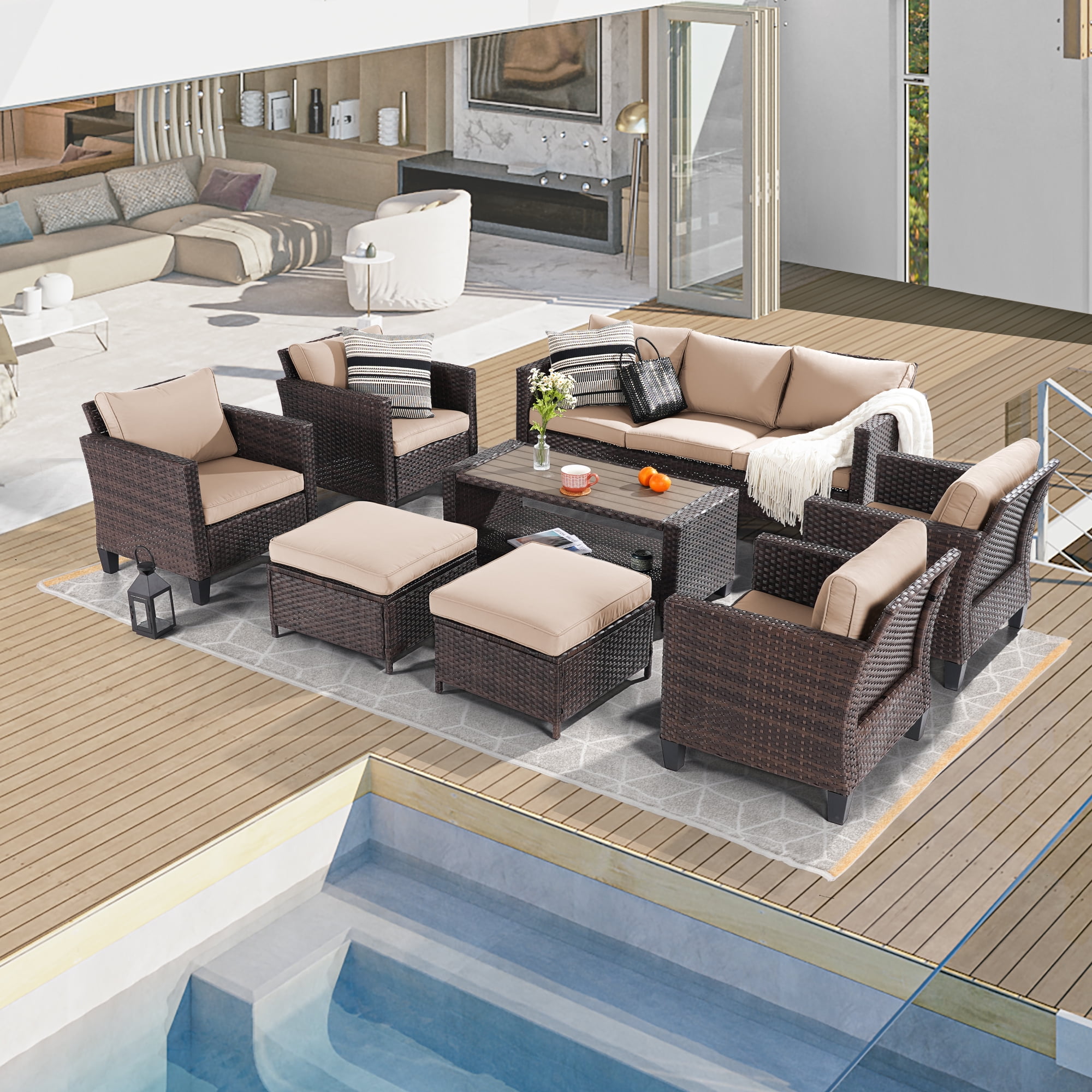 Sonerlic 8-Piece Patio Sofa Set Rattan Outdoor Furniture Set Three-Seat ...