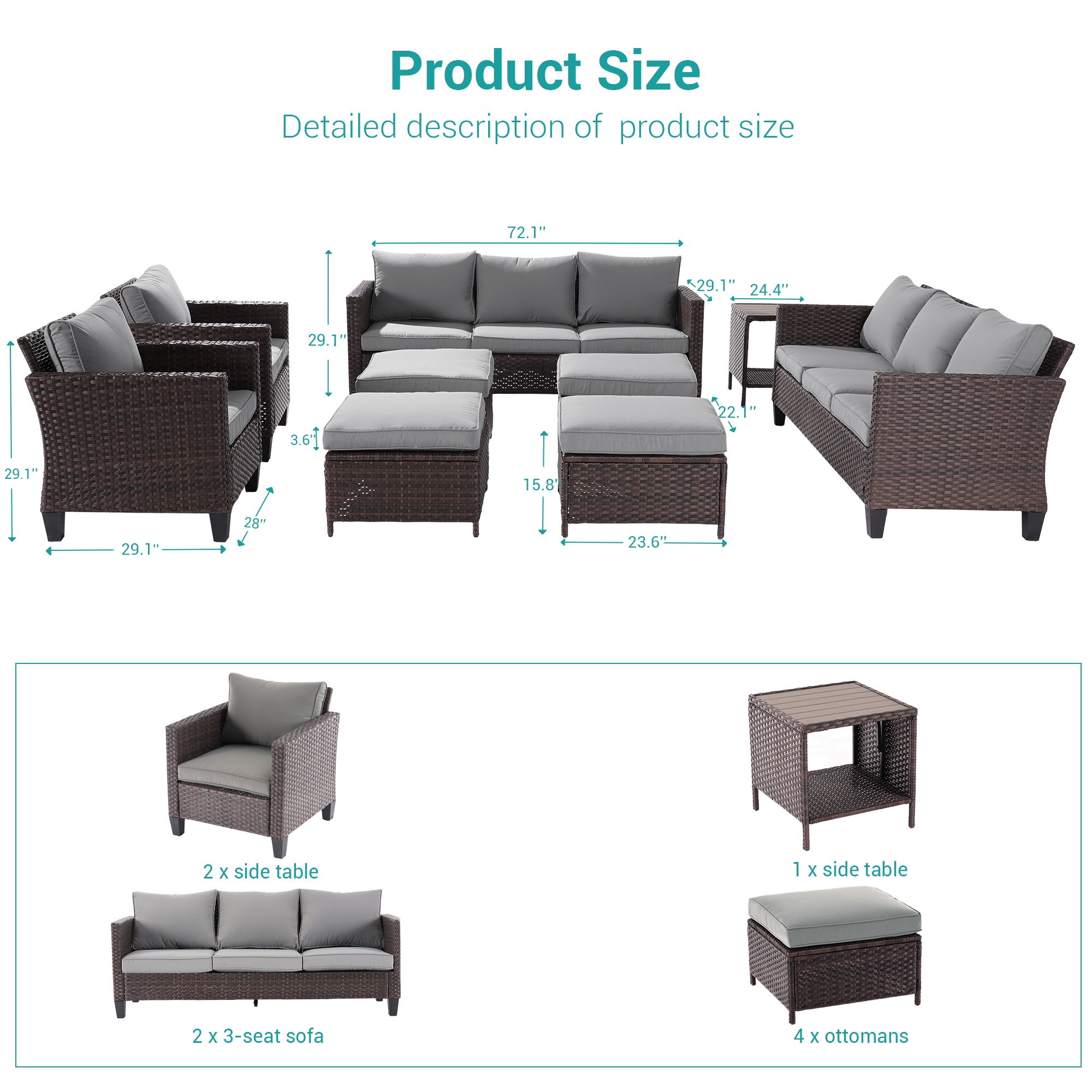 Sonerlic 9-Piece Patio Sofa Set Rattan Outdoor Furniture Set Three-Seat ...