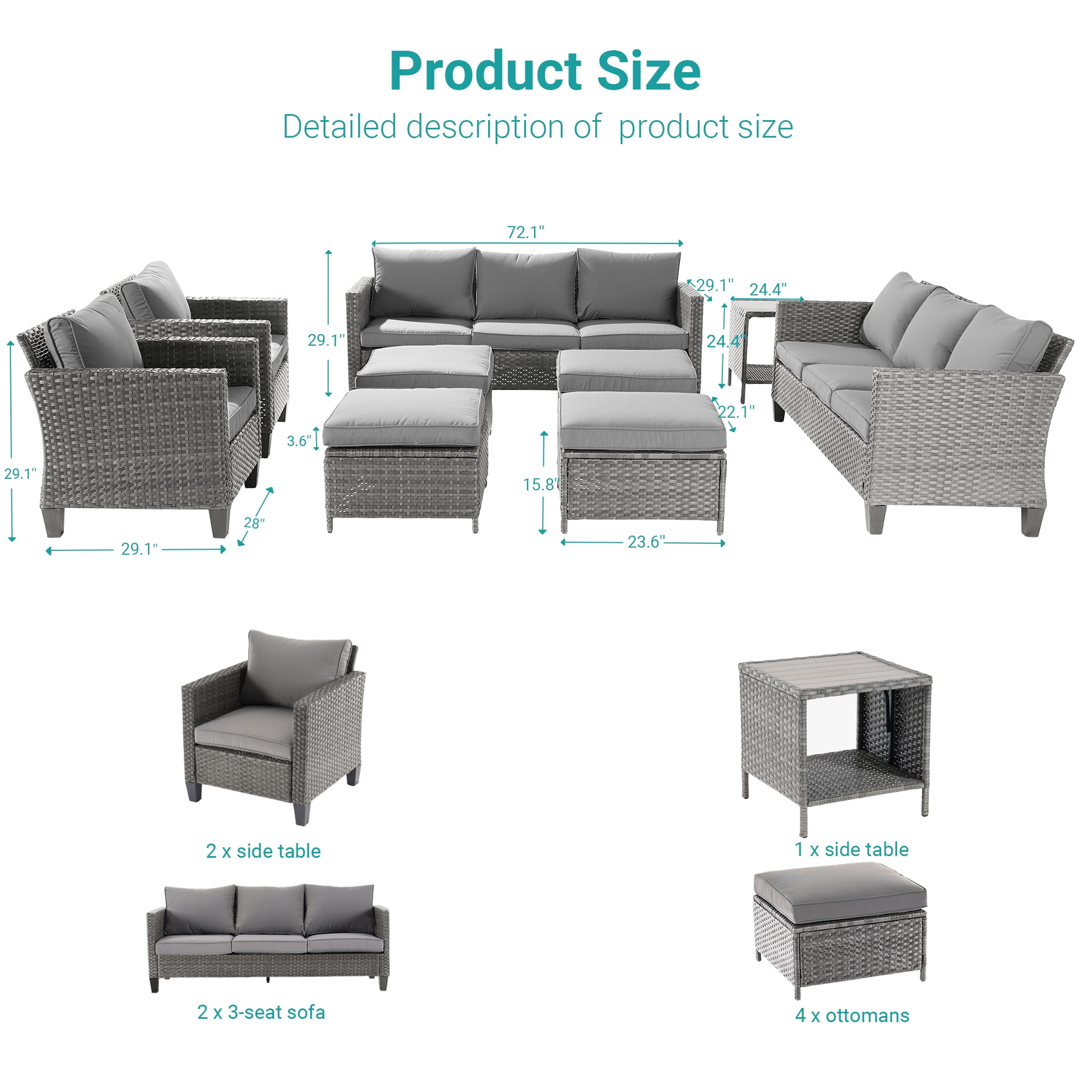 Sonerlic 9-Piece Patio Sofa Set Rattan Outdoor Furniture Set Three-Seat ...