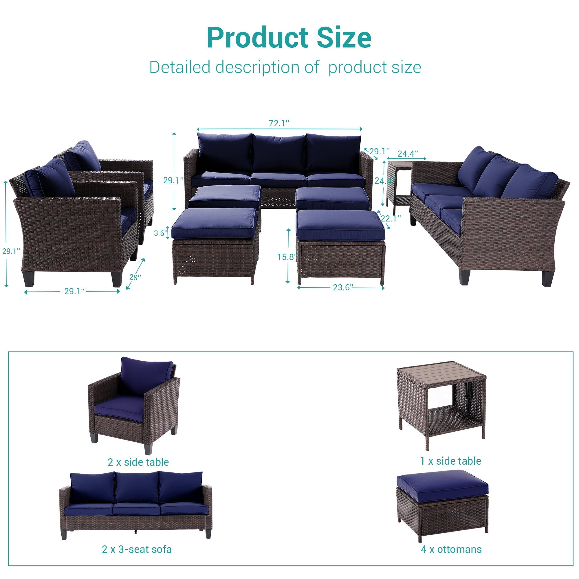 Sonerlic 9-Piece Patio Sofa Set Rattan Outdoor Furniture Set Three-Seat ...