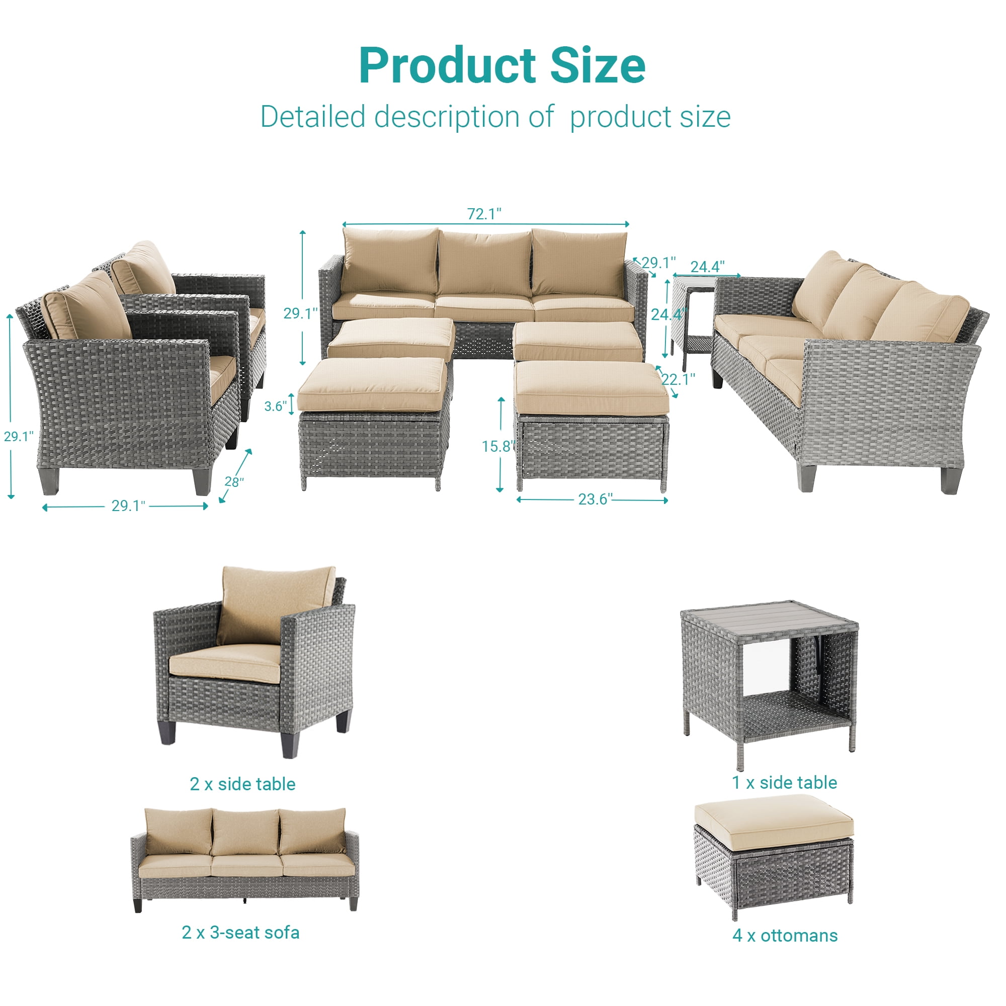 Sonerlic 9-Piece Patio Sofa Set Rattan Outdoor Furniture Set Three-Seat ...