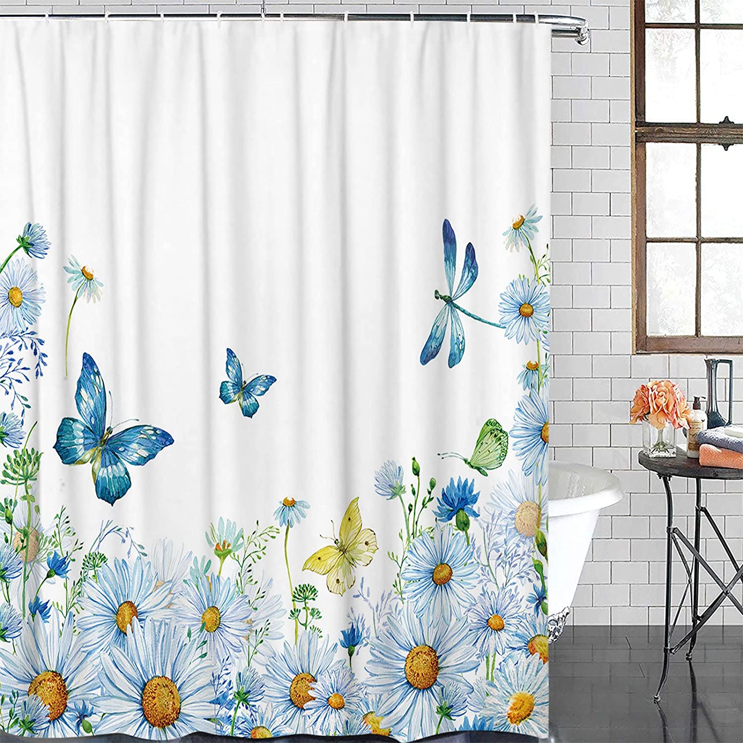 Sonernt Blue Butterfly Shower Curtain Dragonfly White Daisy Shower ...