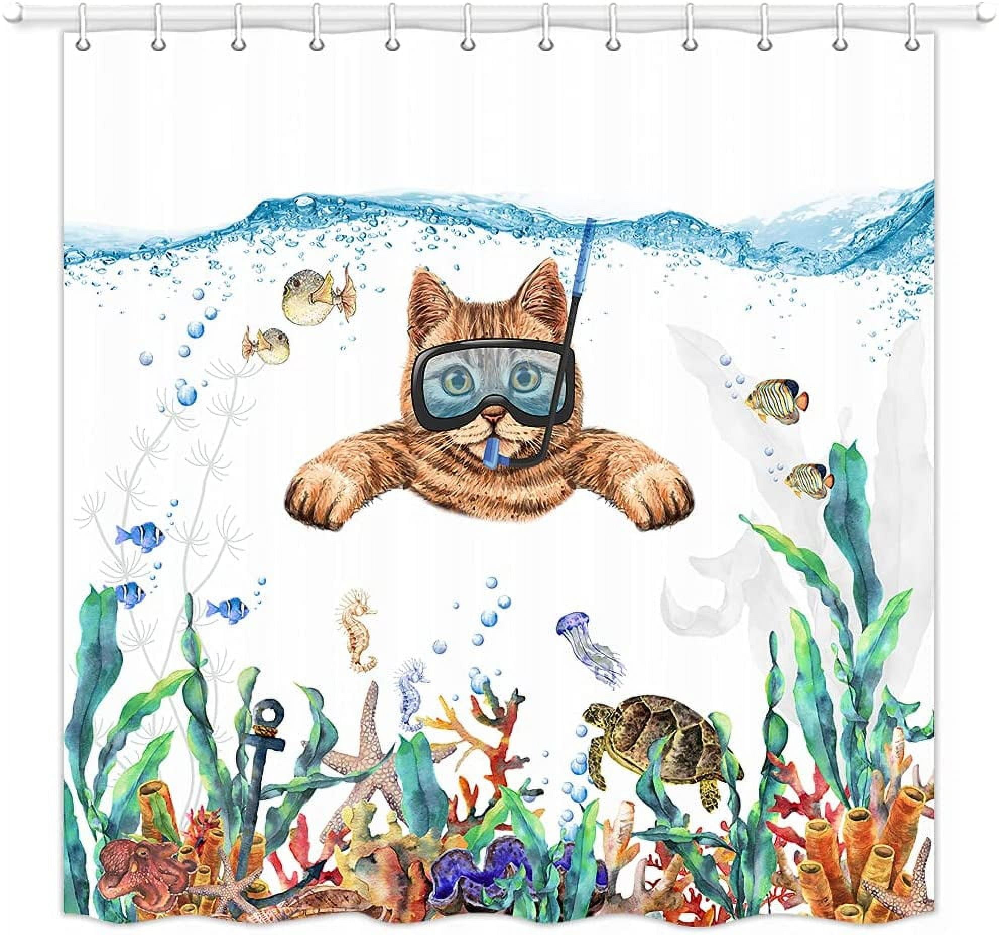 Sonernt Funny Cat Fabric Shower Curtain, Cool Scuba Diving Cat Shower ...