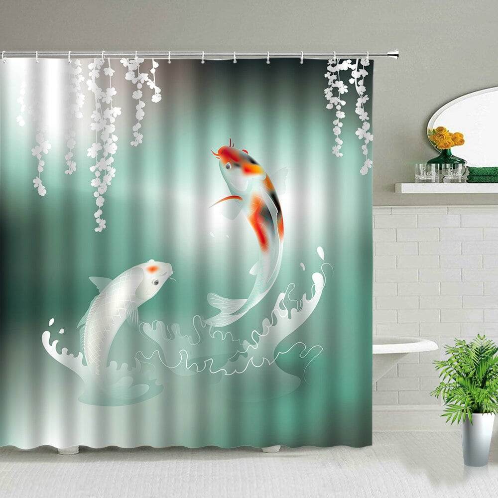 Sonernt Koi Fish Print Shower Curtain 72x72inch Bathroom Decor Set with ...