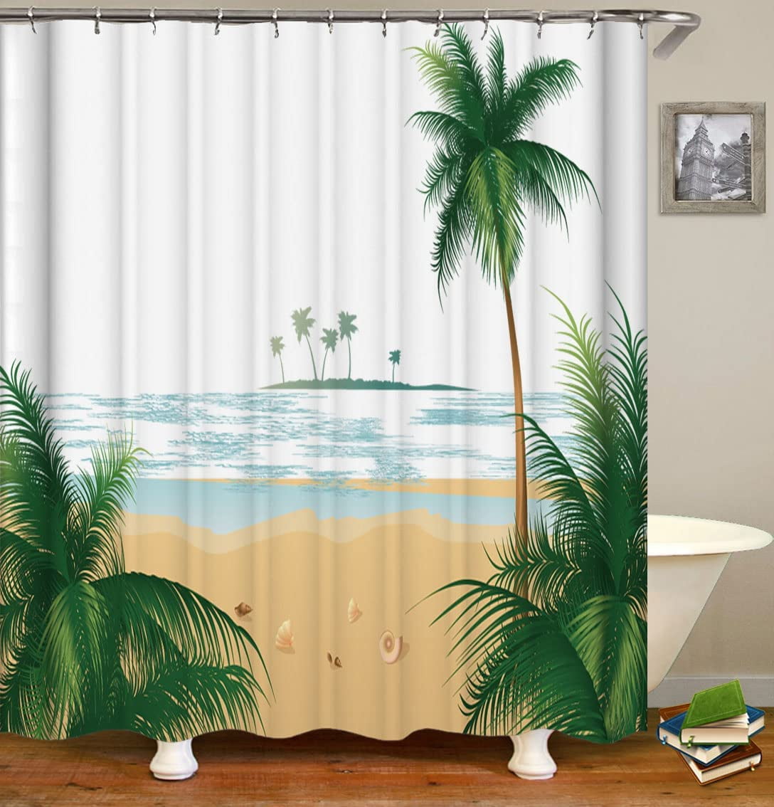 Sonernt Seaside Coconut Tree Tropical Beach Scenery Bath Curtain 72 x ...