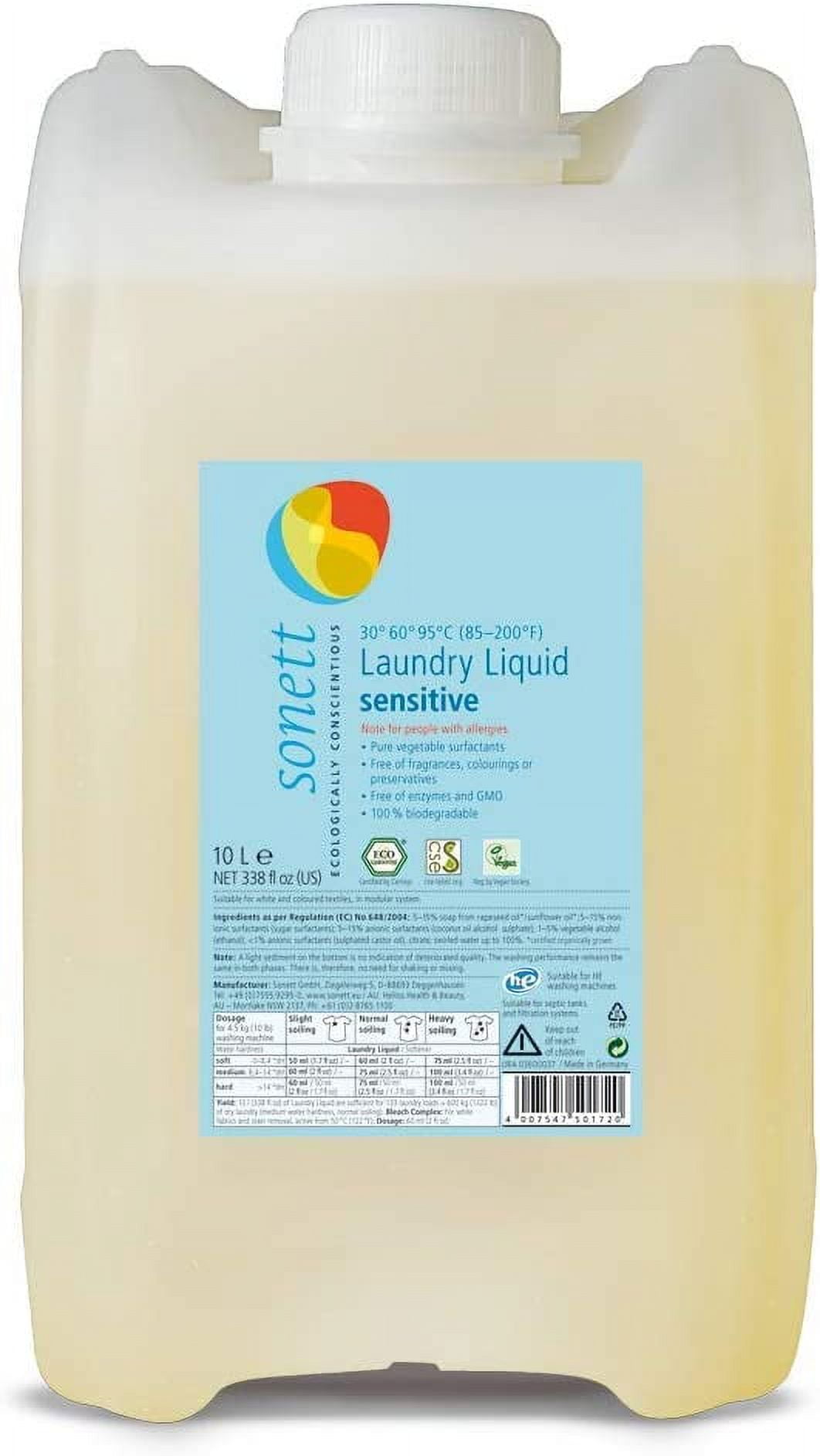 Sonett Organic Laundry Liquid Detergent Sensitive (2.6 gal/10L) for ...
