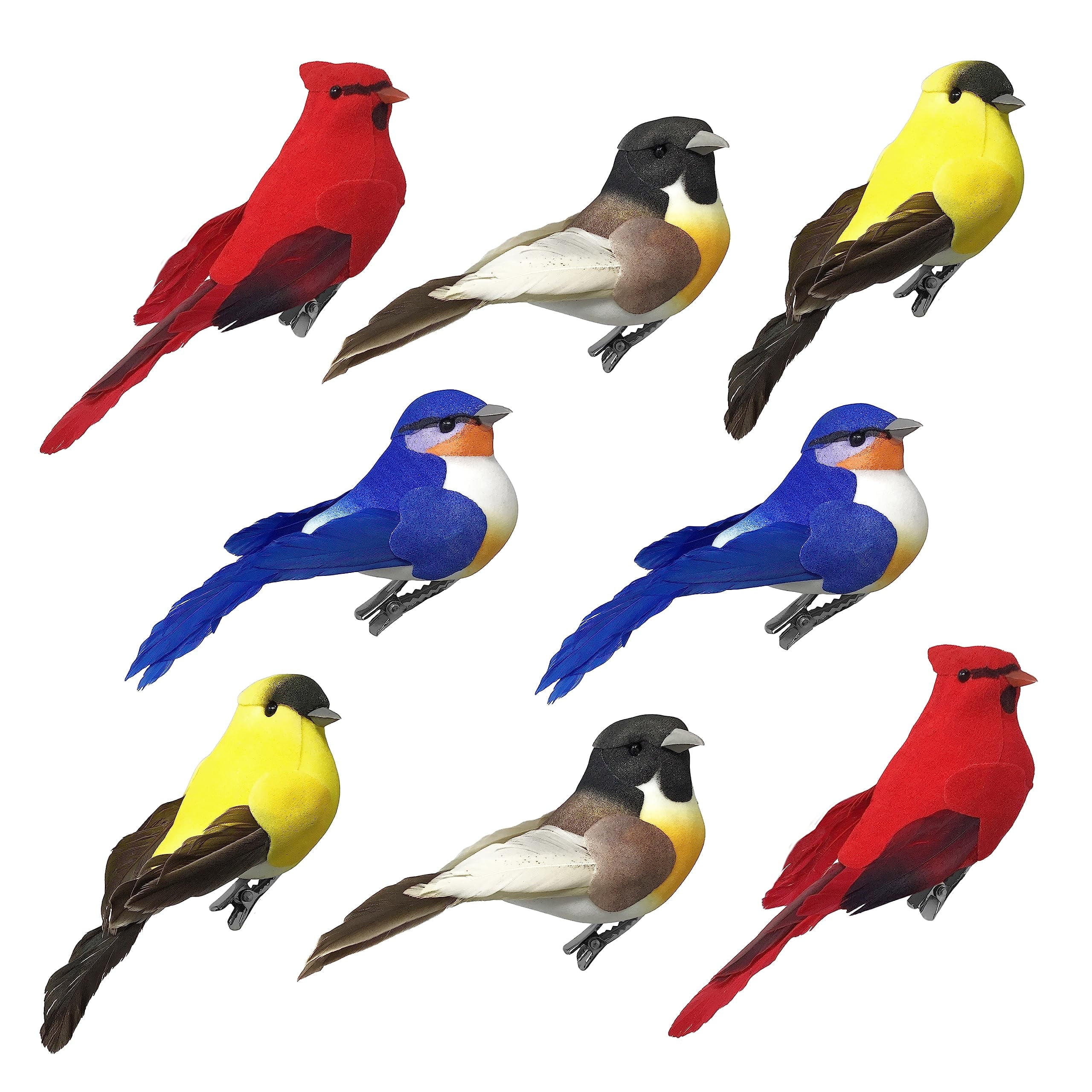 Song Bird Clip-On Ornaments - Set of 8 - Assorted Artificial Birds with ...
