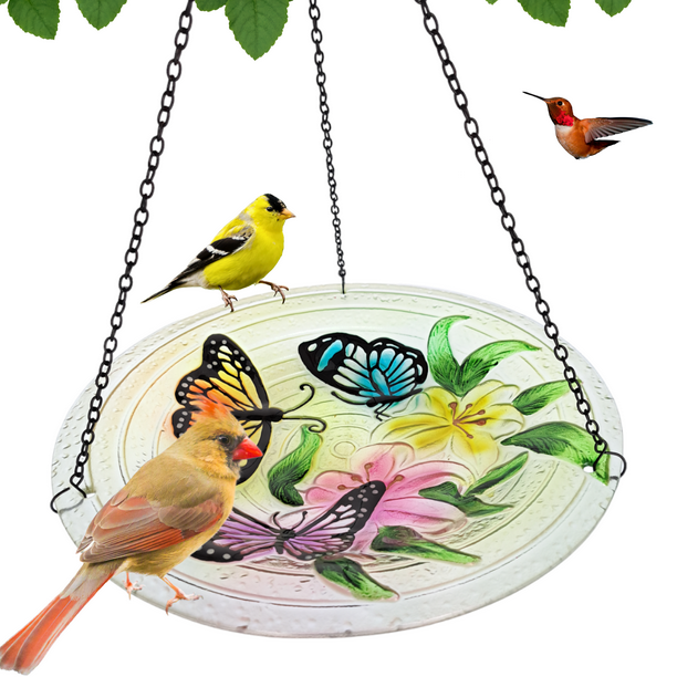 Songbird Essentials 13in Round Bird Bath, Outdoor Glass Hanging Birdbath, Butterfly Trio ...