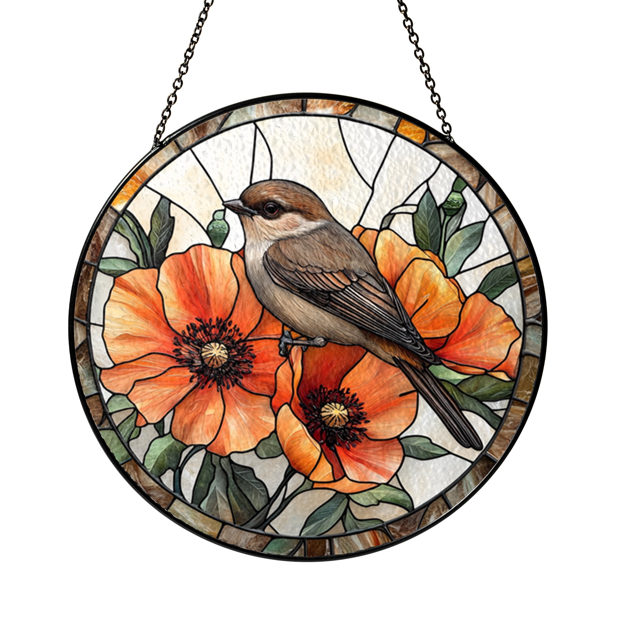 Songbird Window Hanging – Stained Glass Style Poppy Flower Art ...