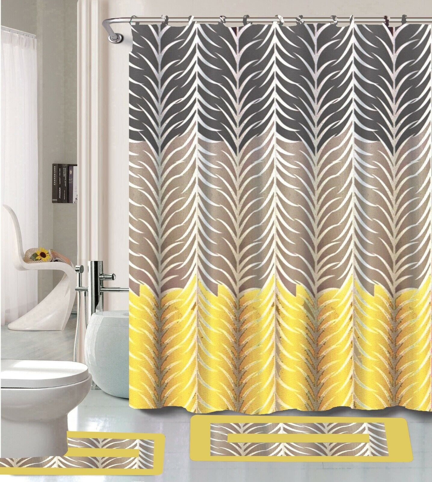 Sonia 15-Piece Bath Set: Yellow & Gray Rugs, Shower Curtain & Fabric ...