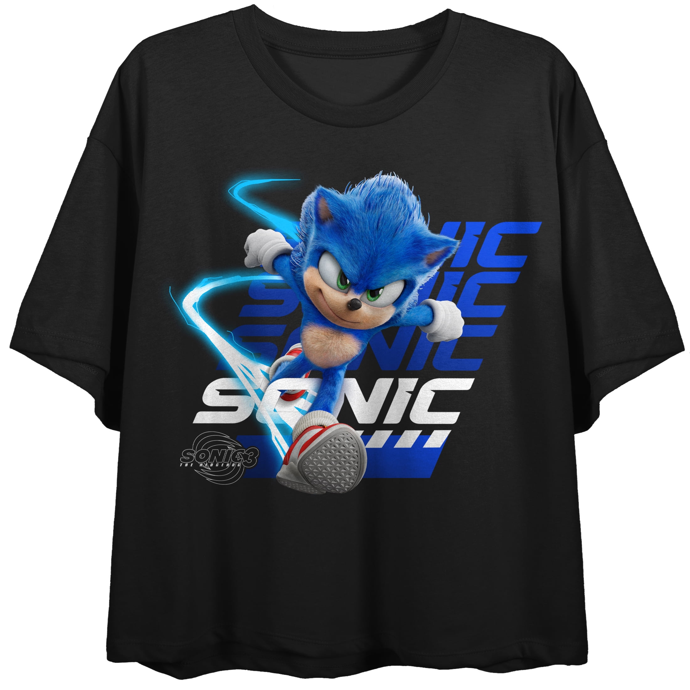 Sonic 3 Movie Sonic Running Repeat Text Women's Black Crew Neck Short ...